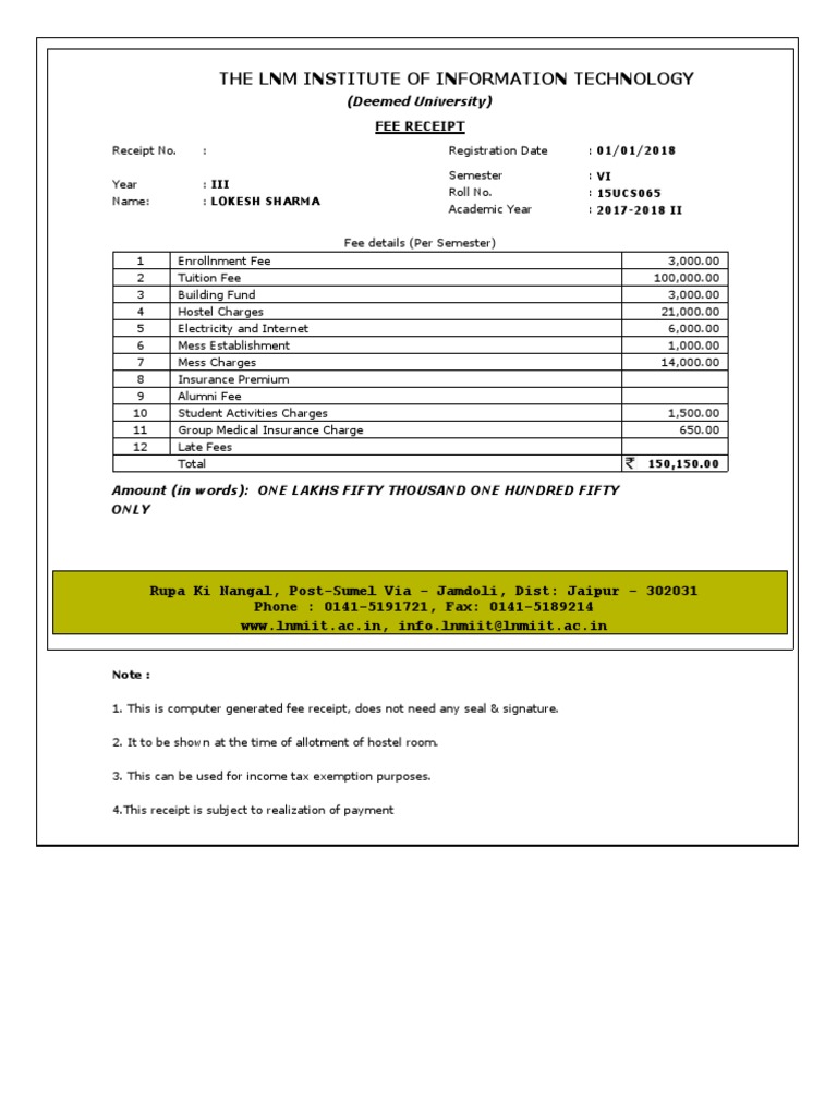 LNMIIT 2017-18 Semester Fee Receipt | PDF