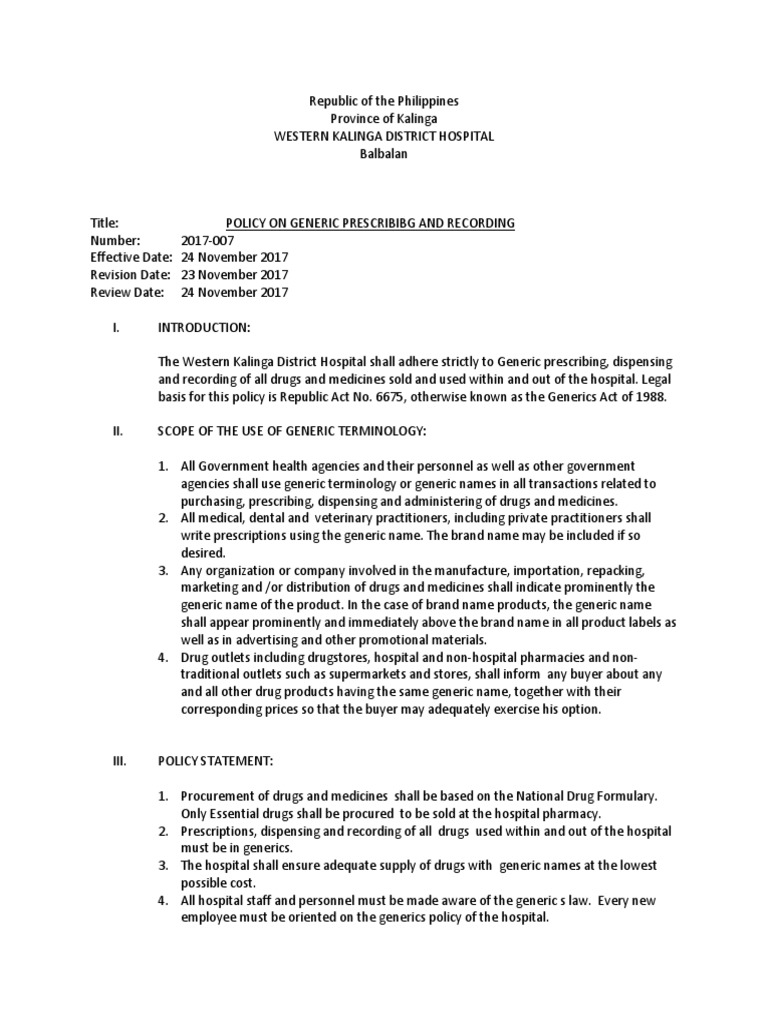 Policy On Generic Prescribing and Recording | PDF | Medical ...