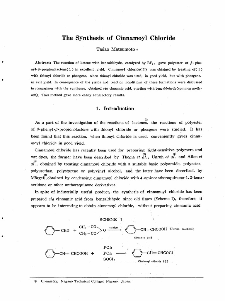 The Synthesis of Cinnamoyl Chloride: Tadao Matsumoto | PDF | Chemical ...