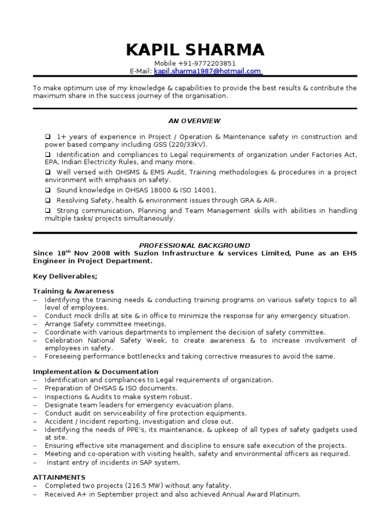 CV EHS Kapil Sharma | PDF | Business