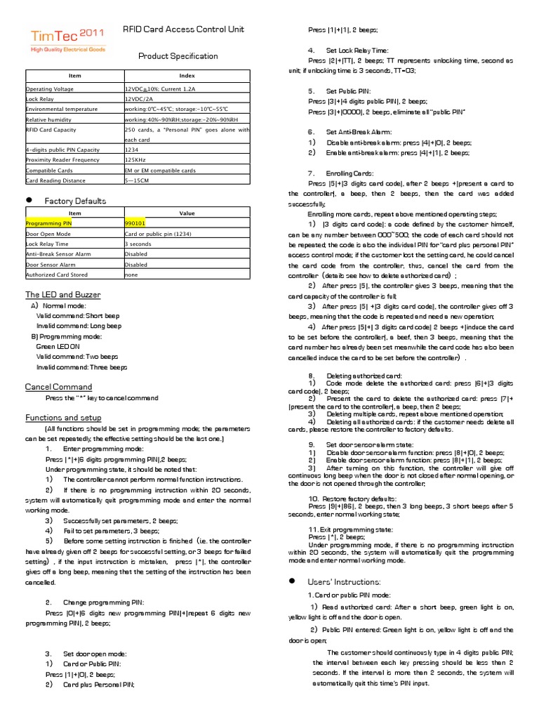 RFID Card Access Control System Manual - TimTec | Access Control ...