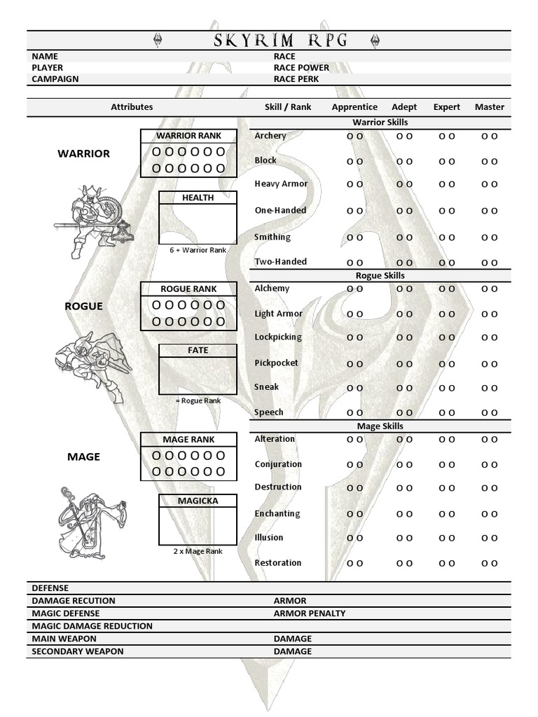 [Wrm] Skyrim Rpg - Character Sheet | Tabletop Games | Entertainment
