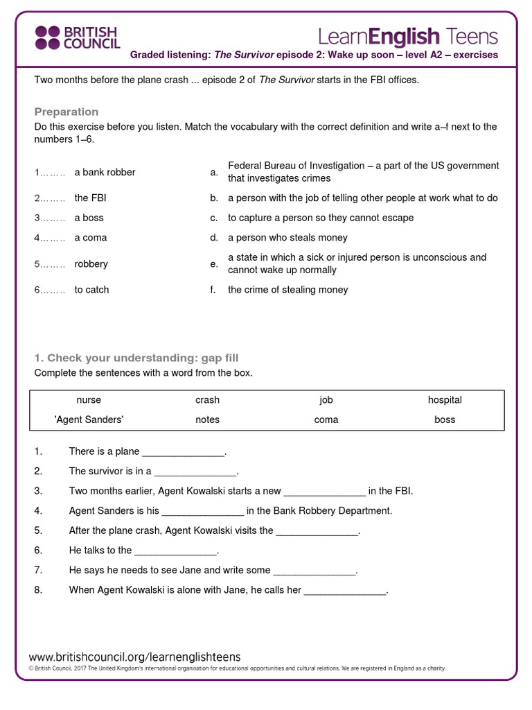 The Survivor Episode 2 Wake Up Soon - Level A2 - Exercises | PDF | Bank ...