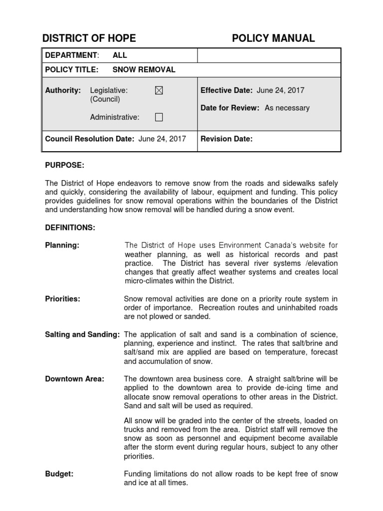 District of Hope Snow Removal Policy | PDF | Snow | Road