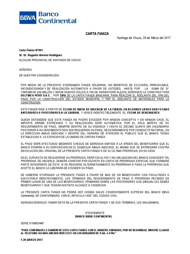 Modelo Carta Fianza
