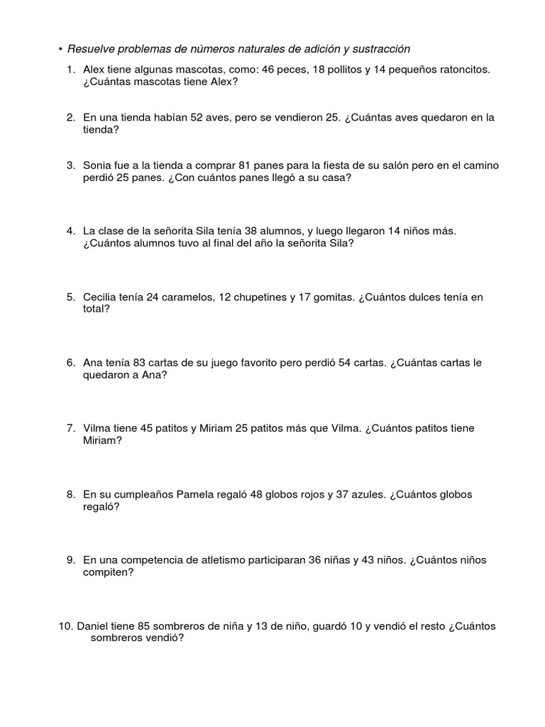 Resuelve Problemas de Números Naturales de Adición y Sustracción | PDF ...