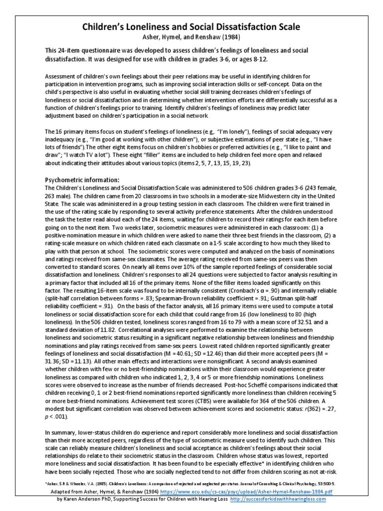 Children's Loneliness Scale Overview | PDF | Loneliness | Behavioural ...