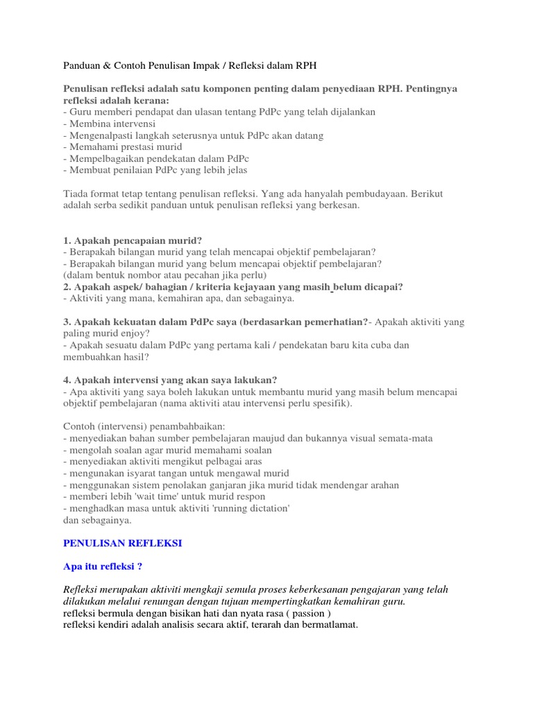 Panduan & Contoh Penulisan Impak Refleksi Dalam RPH | PDF