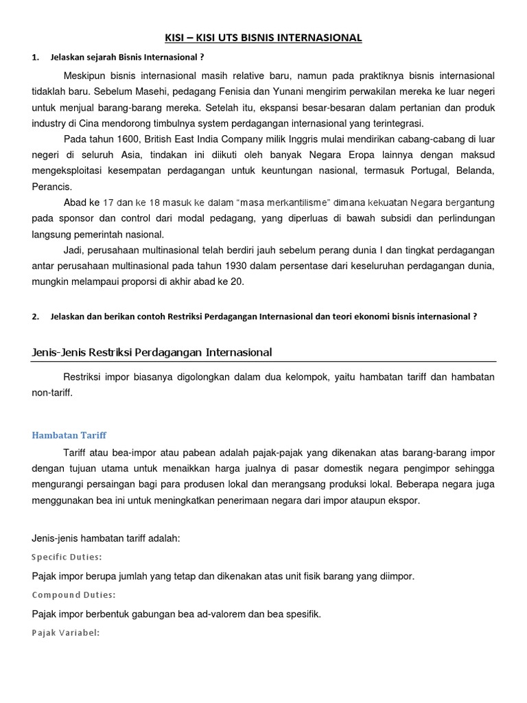 Kisi-Kisi UTS Bisnis Internasional | PDF | Pengelolaan Keuangan & Uang