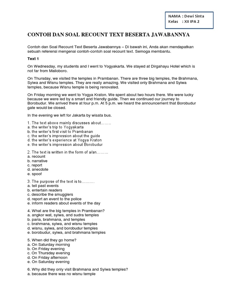 Recounting a Trip to Yogyakarta: Examples of Recount Texts with Answer ...