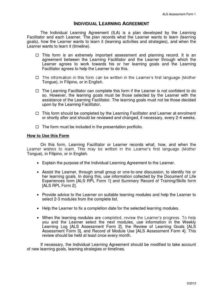 ALS Assessment Form1_ILA 2013 | Educational Assessment | Learning