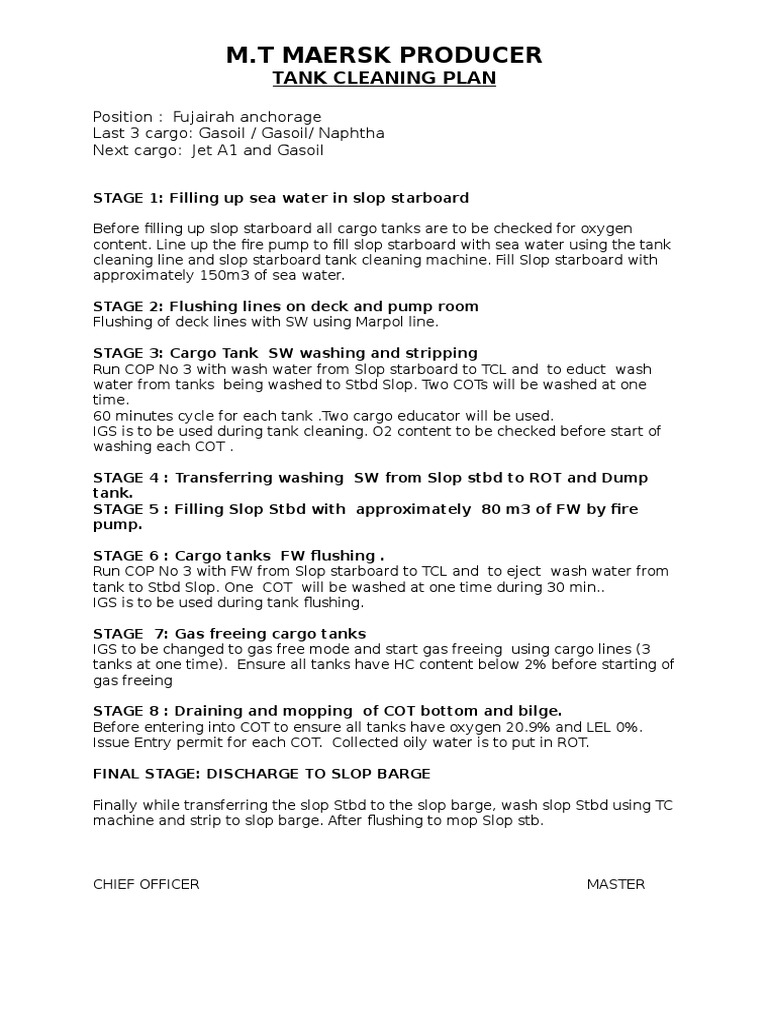 M.T Maersk Producer: Tank Cleaning Plan | PDF
