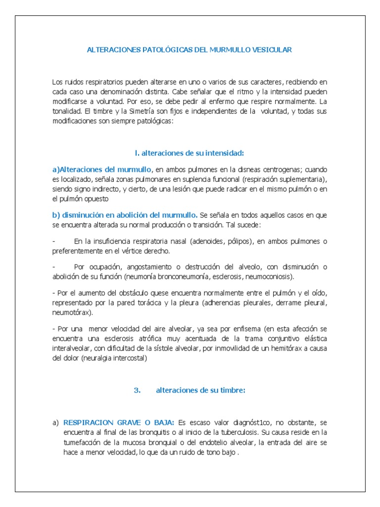 Alteraciones del Murmullo Vesicular | PDF | Pulmón | Sistema respiratorio
