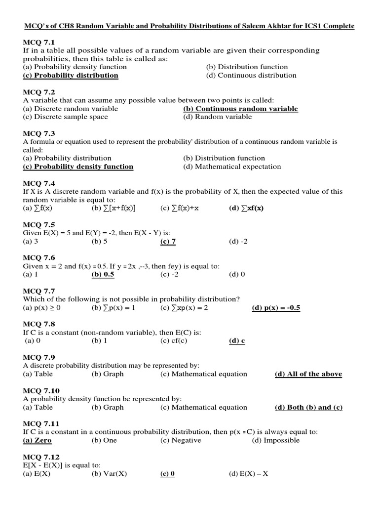 MCQ Random Variable and Probability Distributions Wiht Correct Answers ...