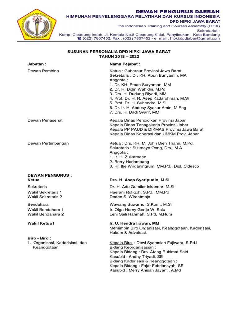 Struktur Organisasi DPD Jabar 2018-2022 | PDF