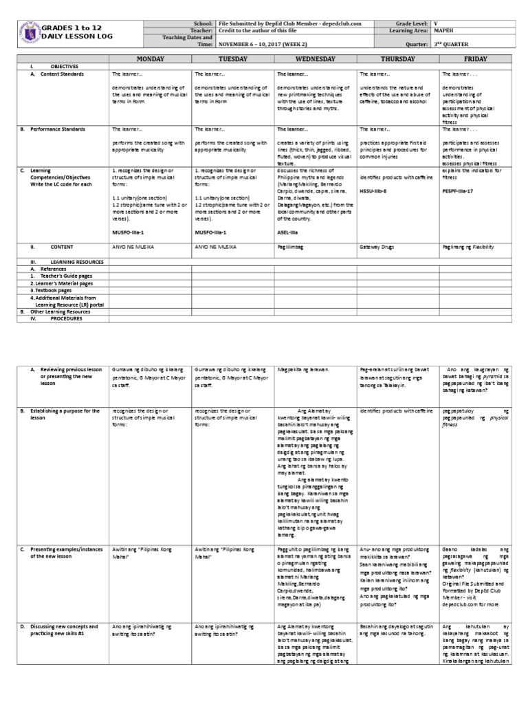 DLL - Mapeh 5 - Q3 - W2 | PDF