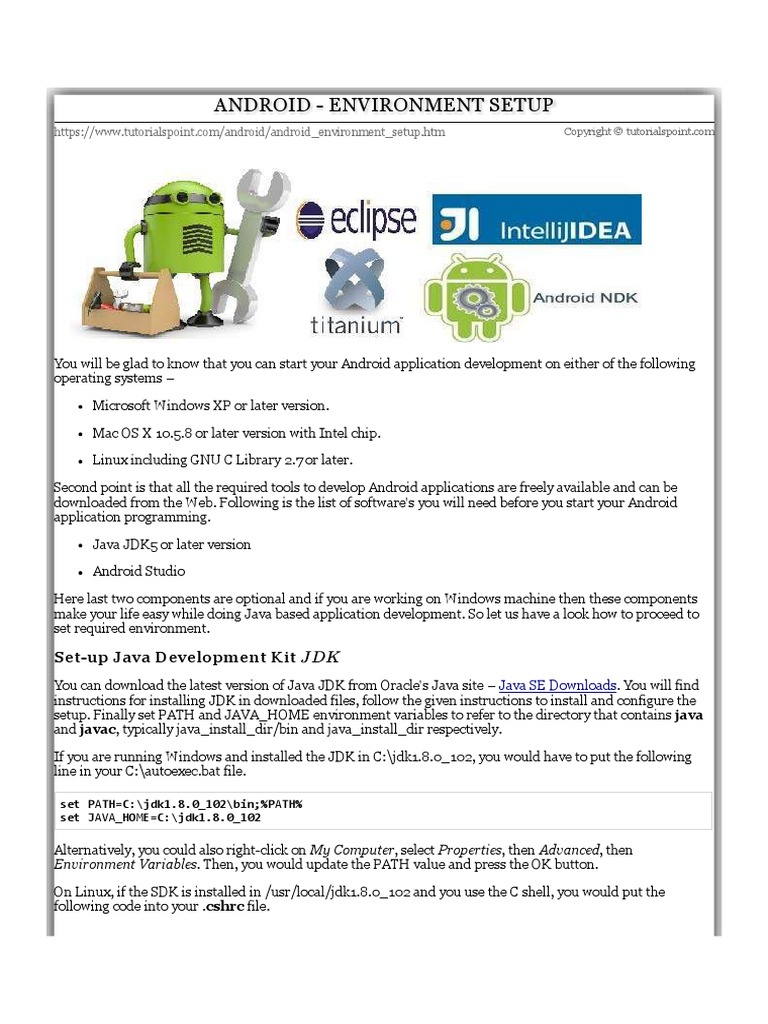 Android - Environment Setup: Set-Up Java Development Kit | PDF