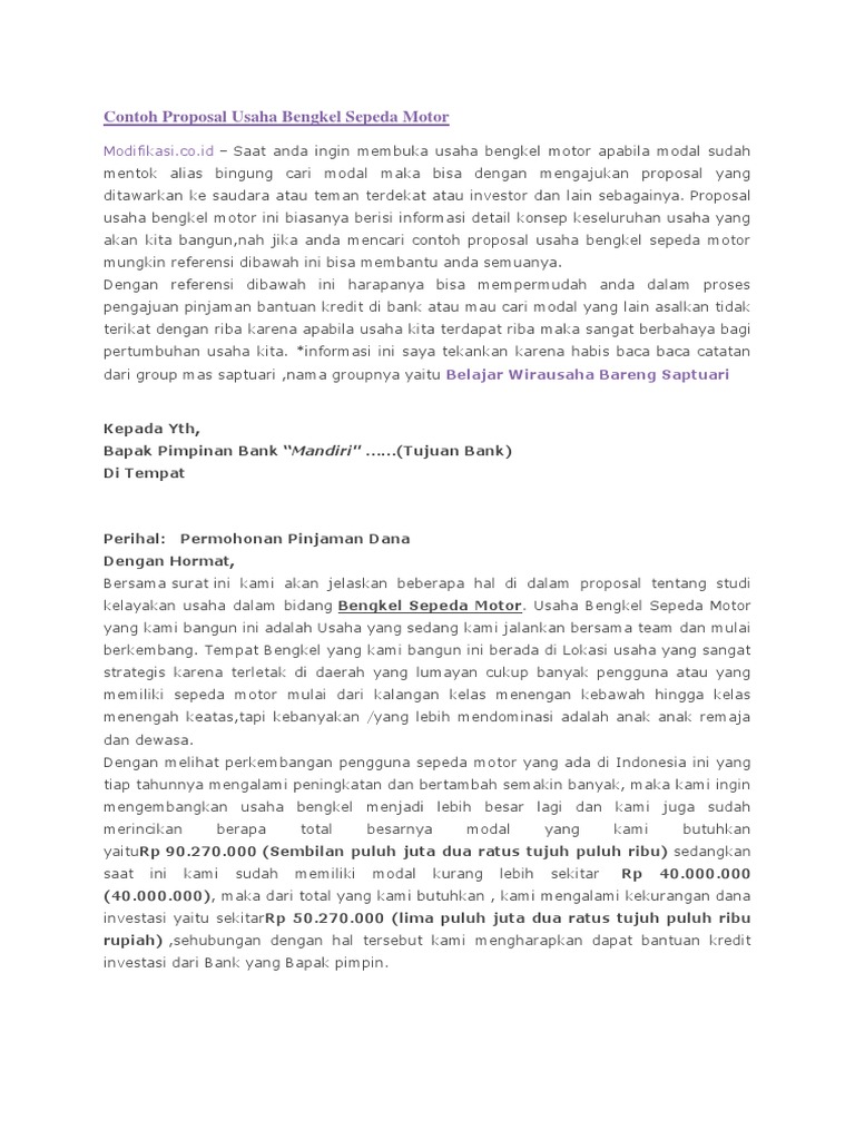 Contoh Proposal Usaha Bengkel Motor | PDF | Bisnis