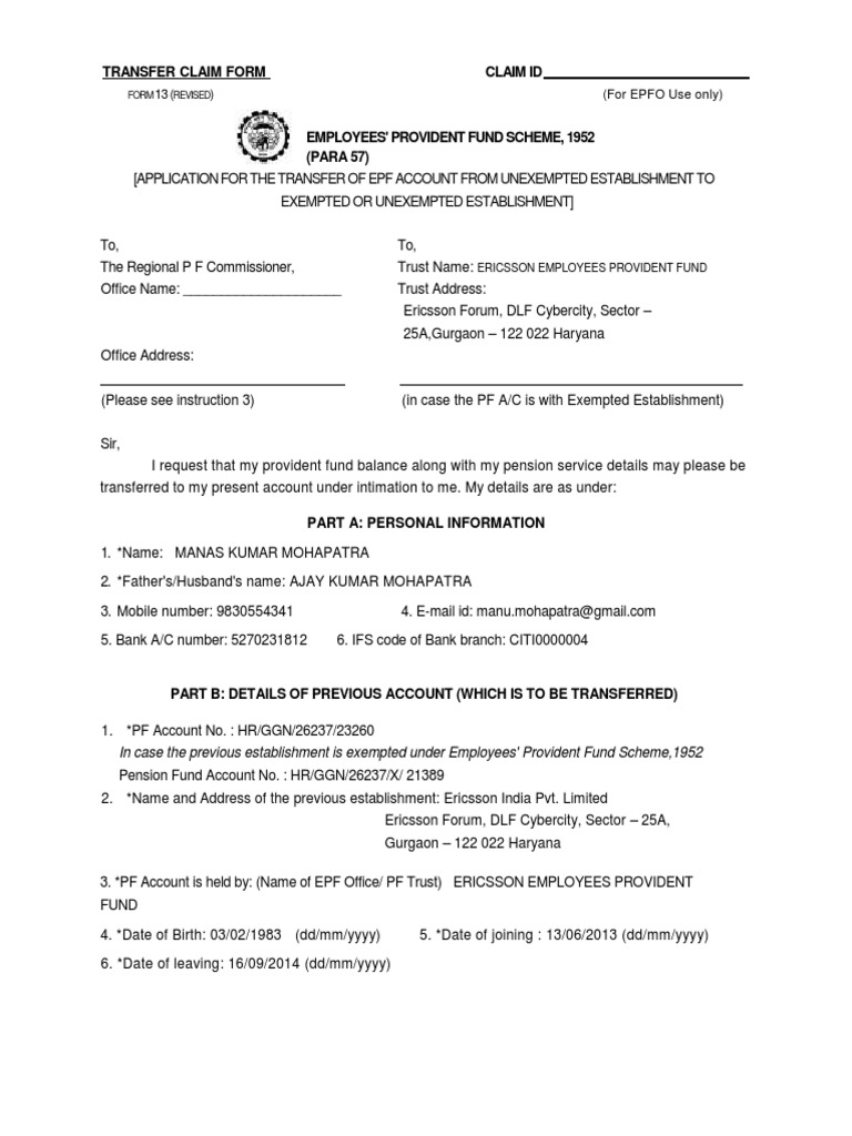 13 Transfer Claim Form-Ericsson 1st To Present | PDF | Employee ...