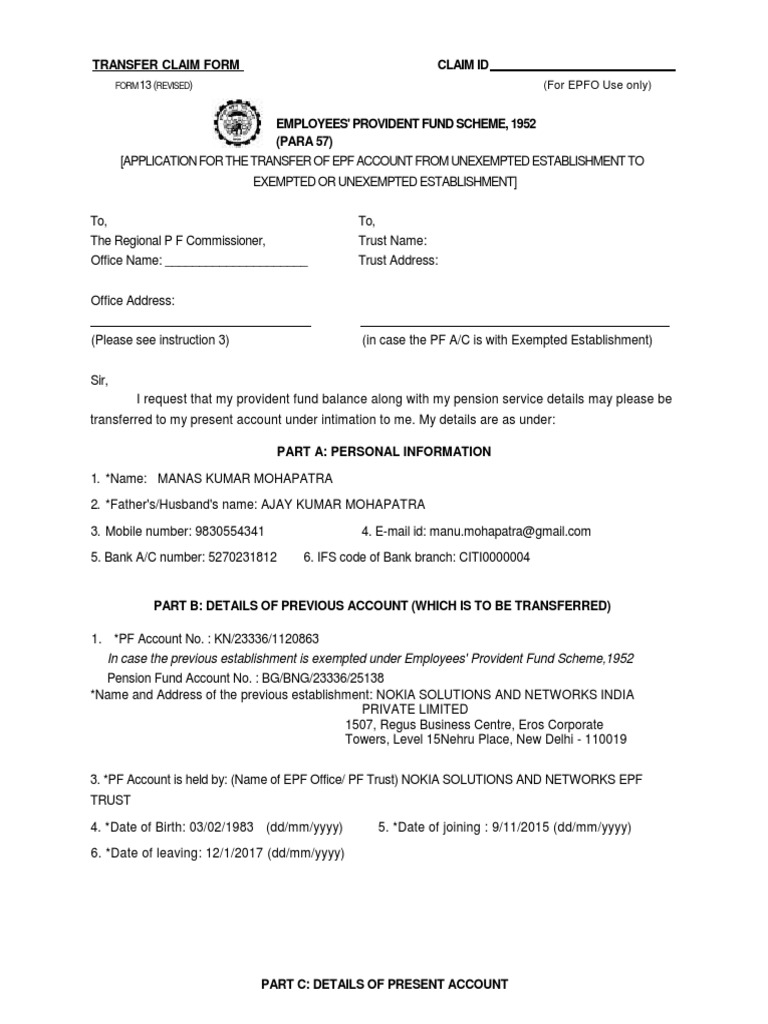 Application for Transfer of Provident Fund Account from Previous ...