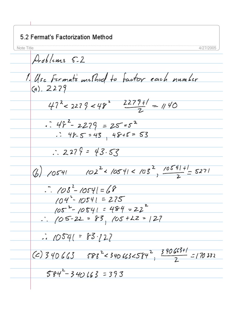 Fermat S Factorization Method Explained Pdf