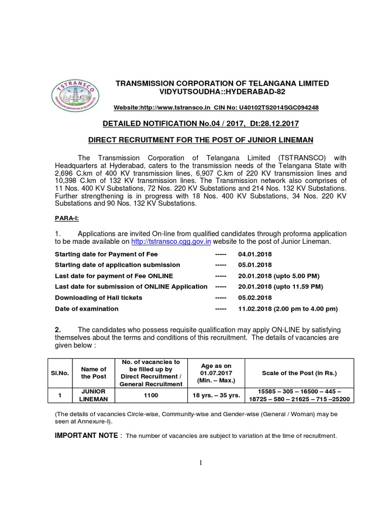 TSTRANSCO Recruitment 2018 PDF | PDF | Image Scanner | Test (Assessment)