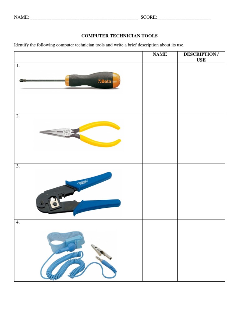 Computer Technician Tools: NAME: - SCORE | PDF