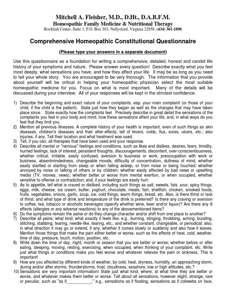 Comprehensive Homeopathic Constitutional Questionnaire | PDF | Mood ...