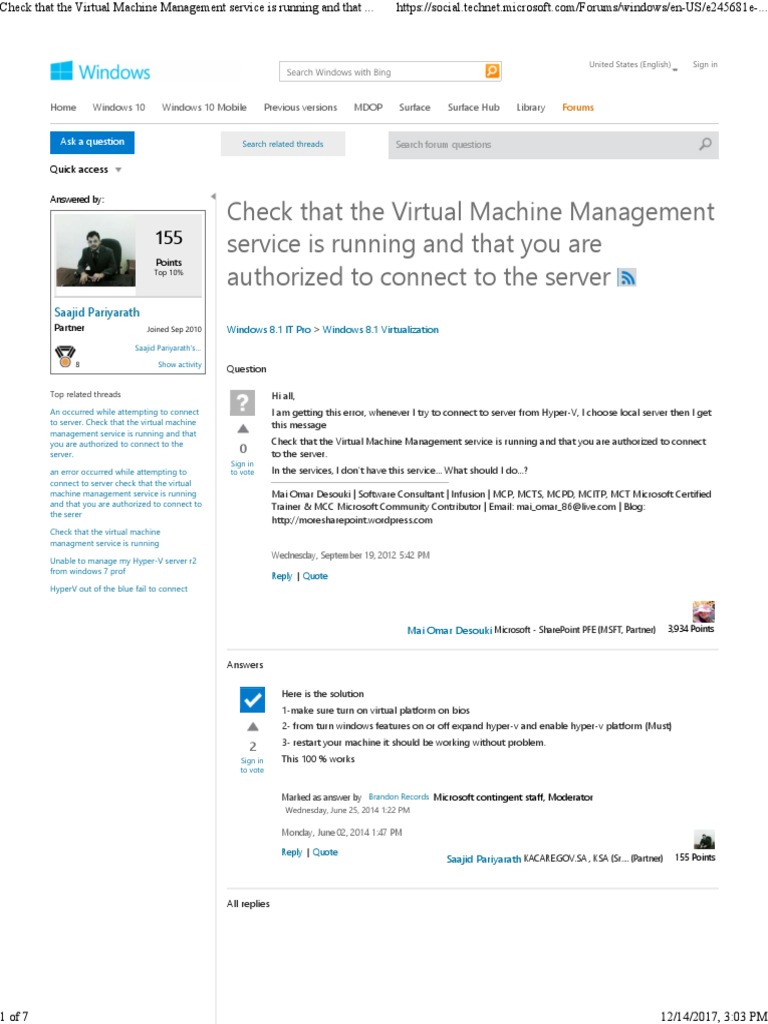 Check That the Virtual Machine Management Service is Running and That ...