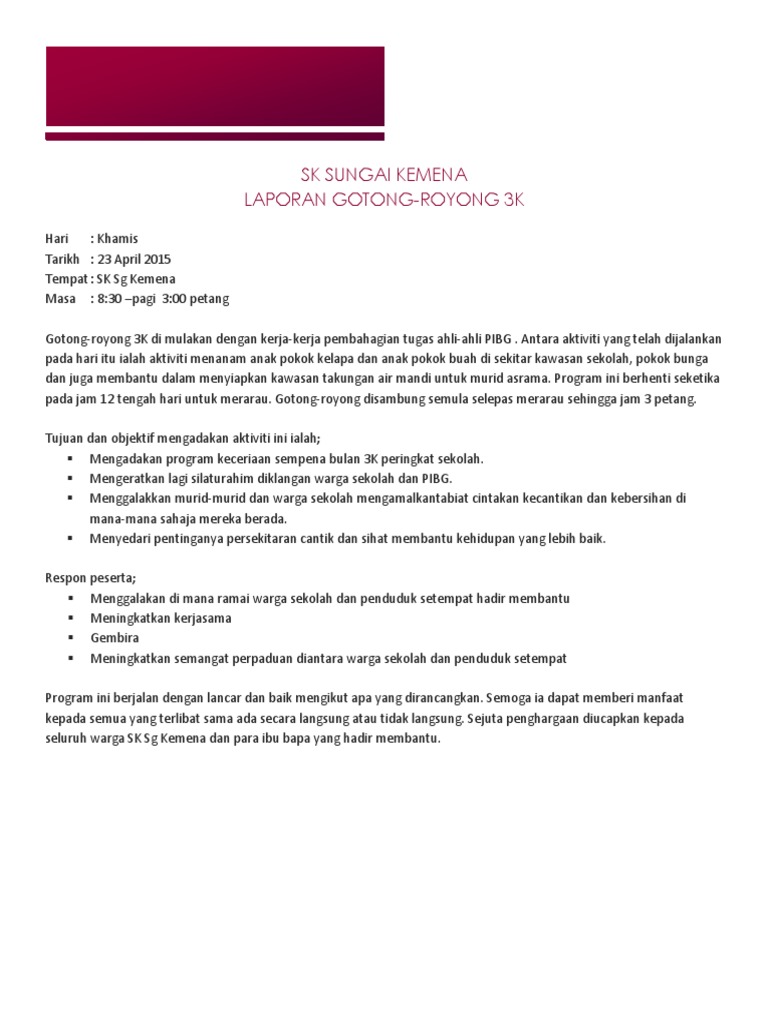 Laporan Gotong Royong Sempena Bulan 3K | PDF