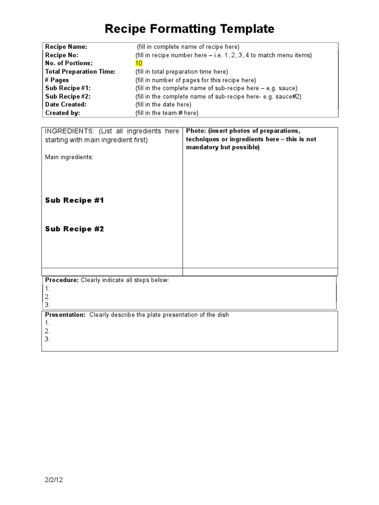 Recipe Template for Chefs | PDF | Cooking, Food & Wine