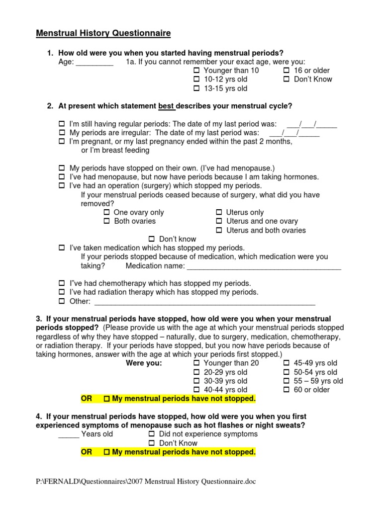 Menstrual History Questionnaire 2007 | PDF | Menstrual Cycle | Menopause
