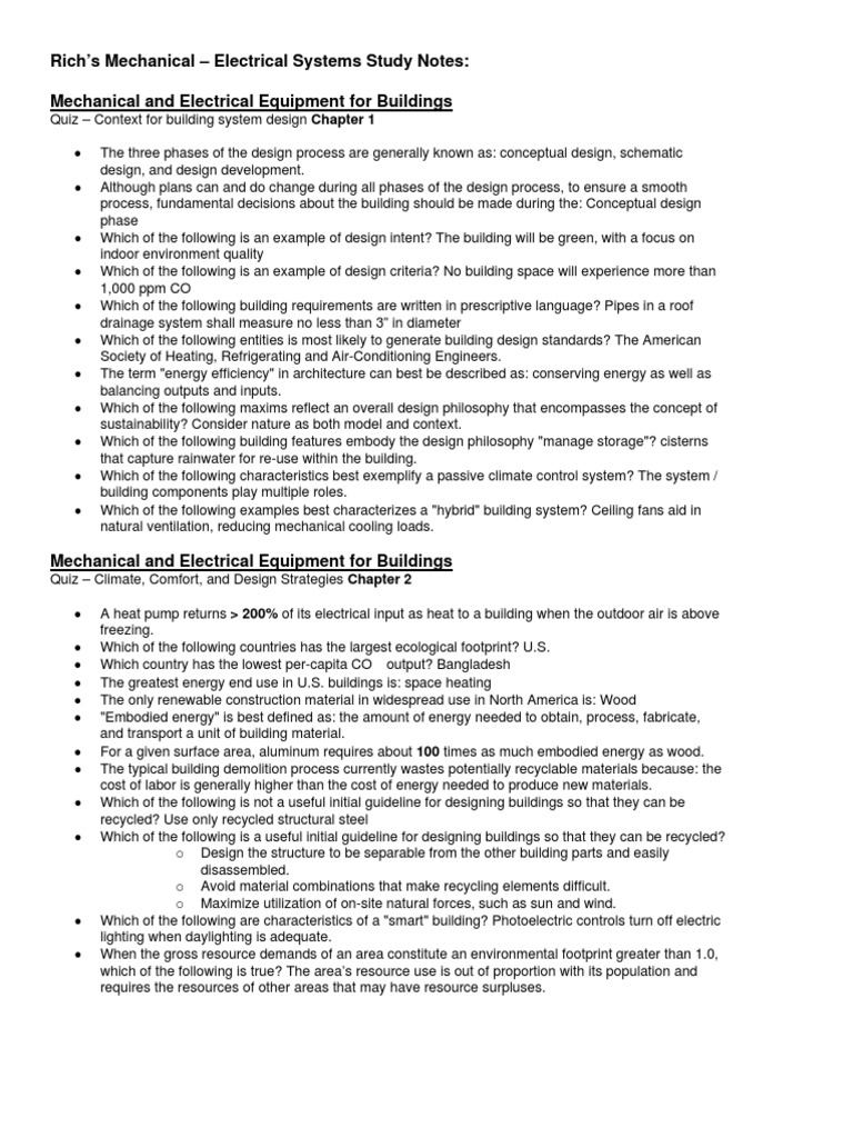 Rich's MEEB Quiz Notes | PDF | Lighting | Hvac
