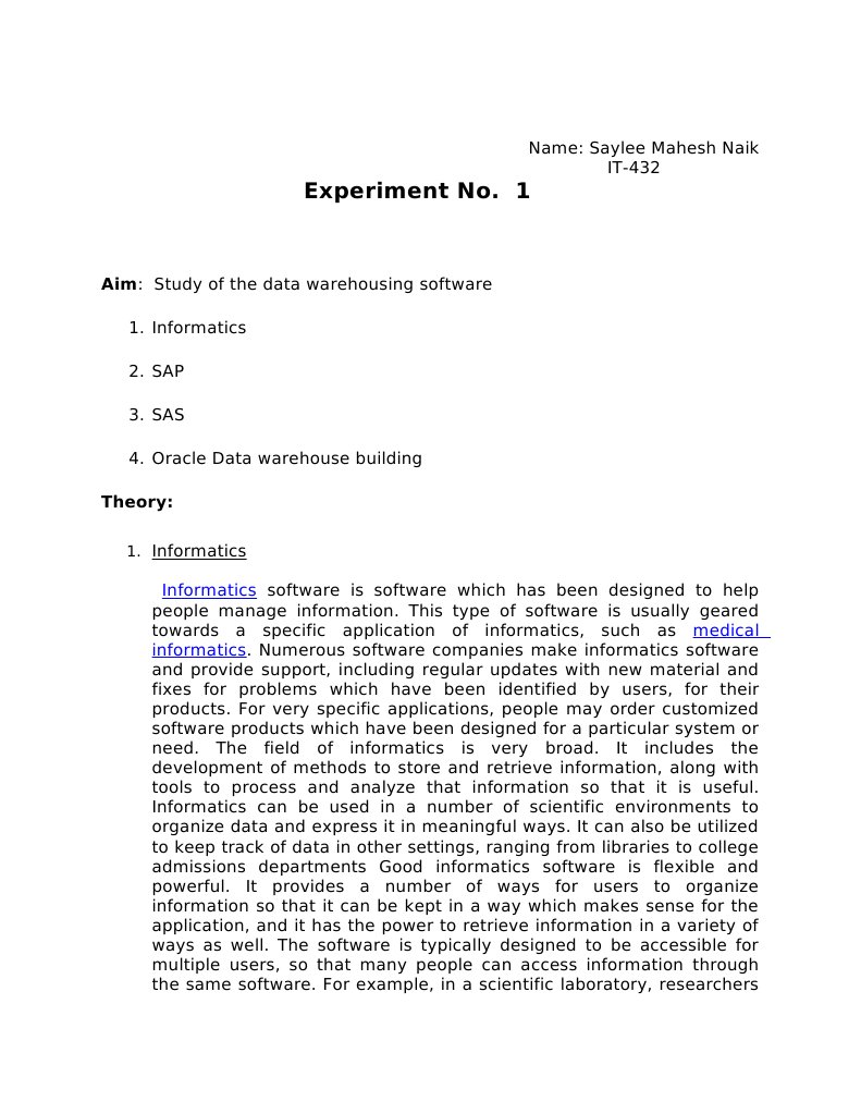 Experiment No. 1: Aim: Study of The Data Warehousing Software ...
