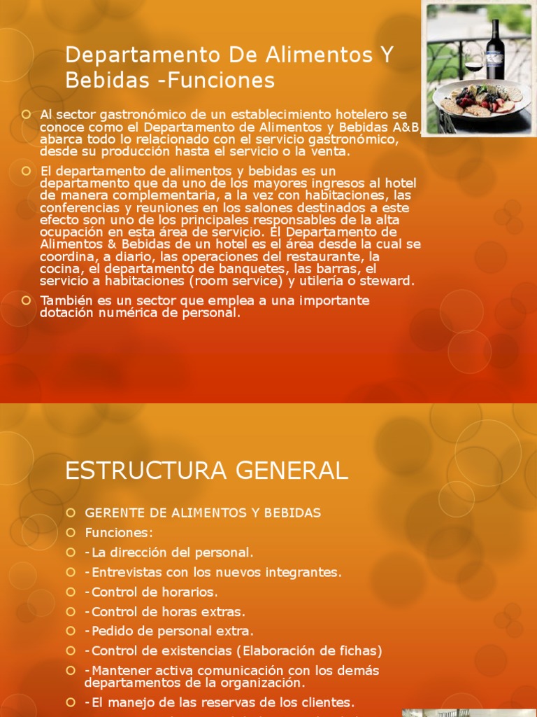 Departamento de Alimentos Y Bebidas Funciones | PDF | Hotel | Cocinando