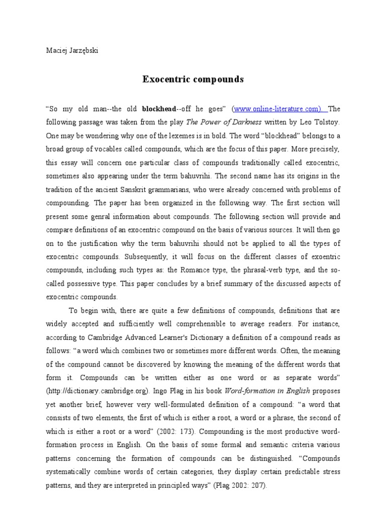 An Analysis of Exocentric Compounds and the Distinction Between ...