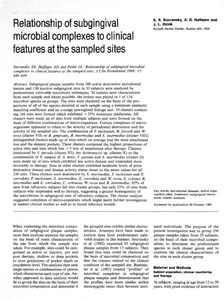 Socransky and Haffajee 1988 - Microbial Complexes Again | PDF ...