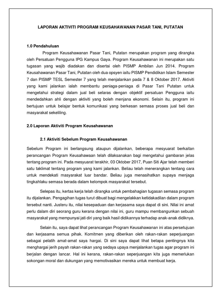 Laporan Aktiviti Program Keusahawanan Pasar Tani | PDF