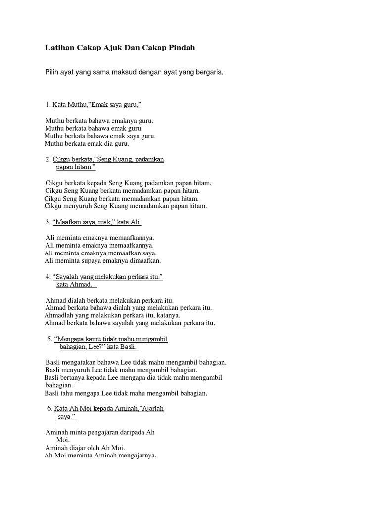 Latihan Cakap Ajuk Dan Cakap Pindah | PDF