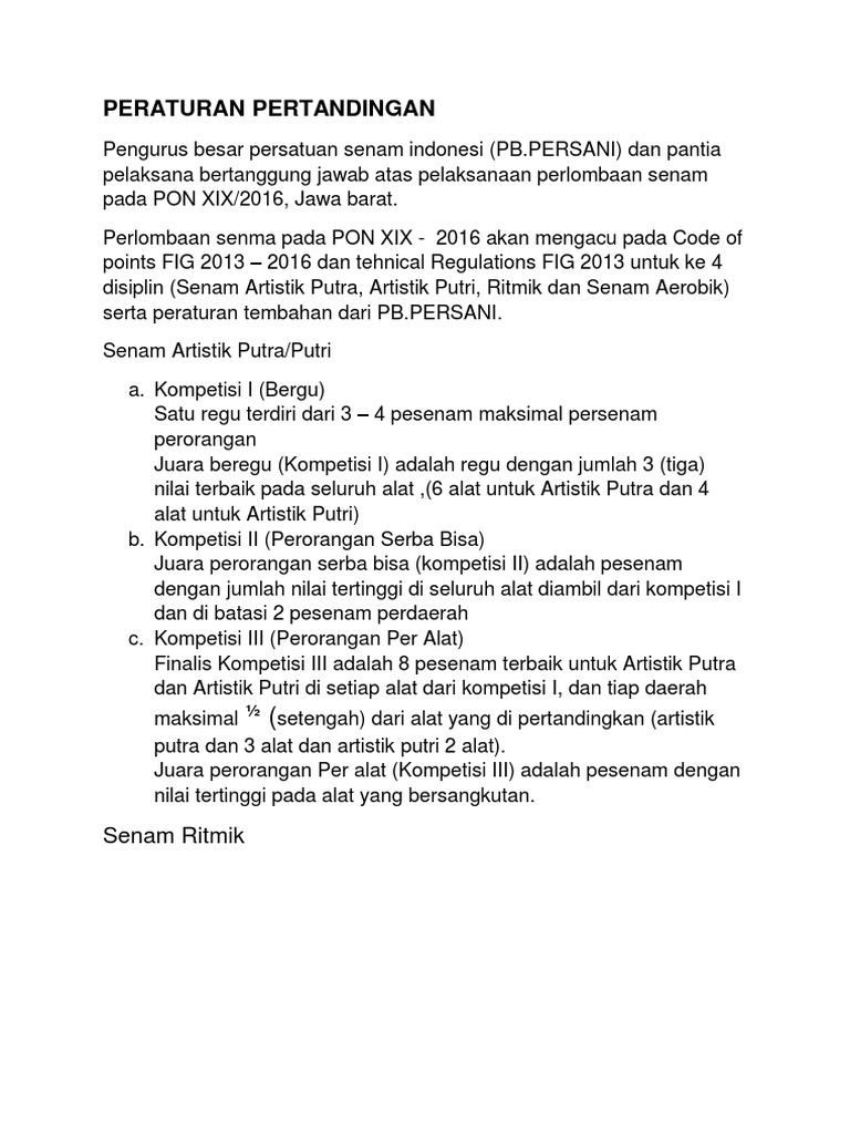 Peraturan Perlombaan Senam PON XIX 2016 | PDF