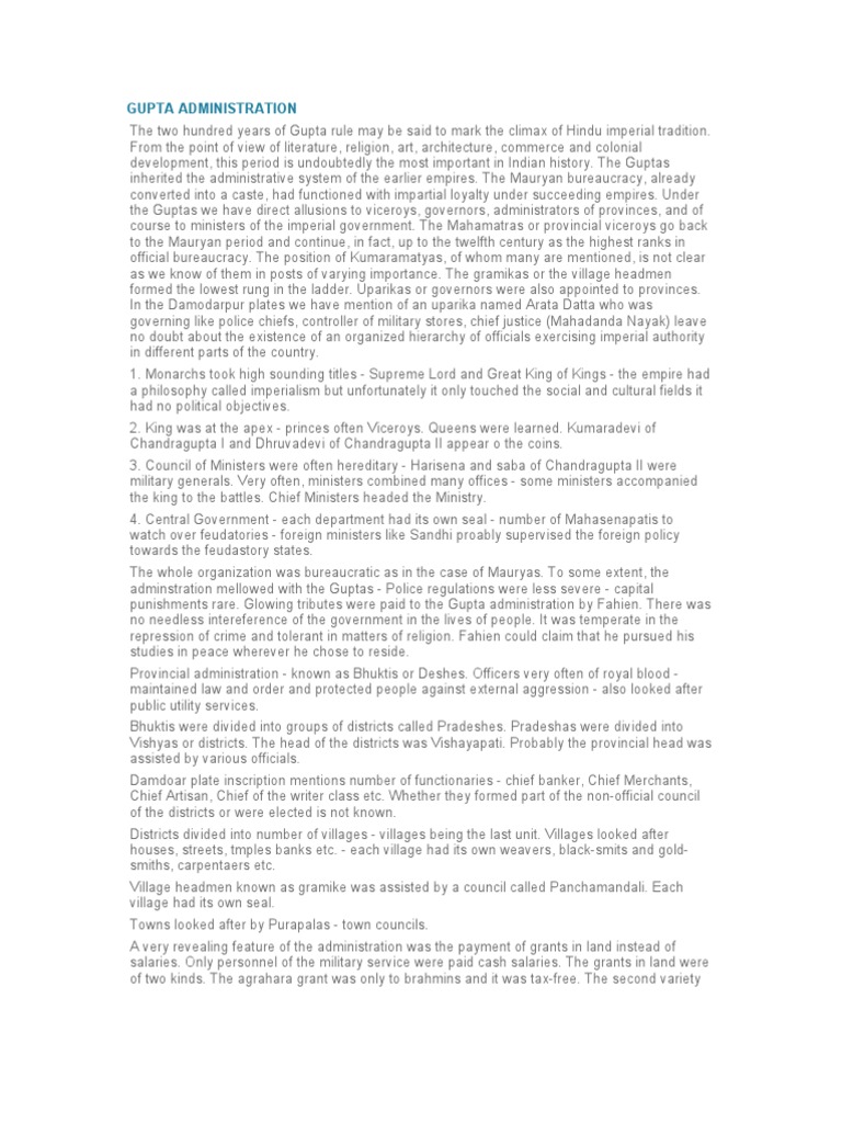 Gupta Administration Structure and Features | PDF | Government | Legal ...