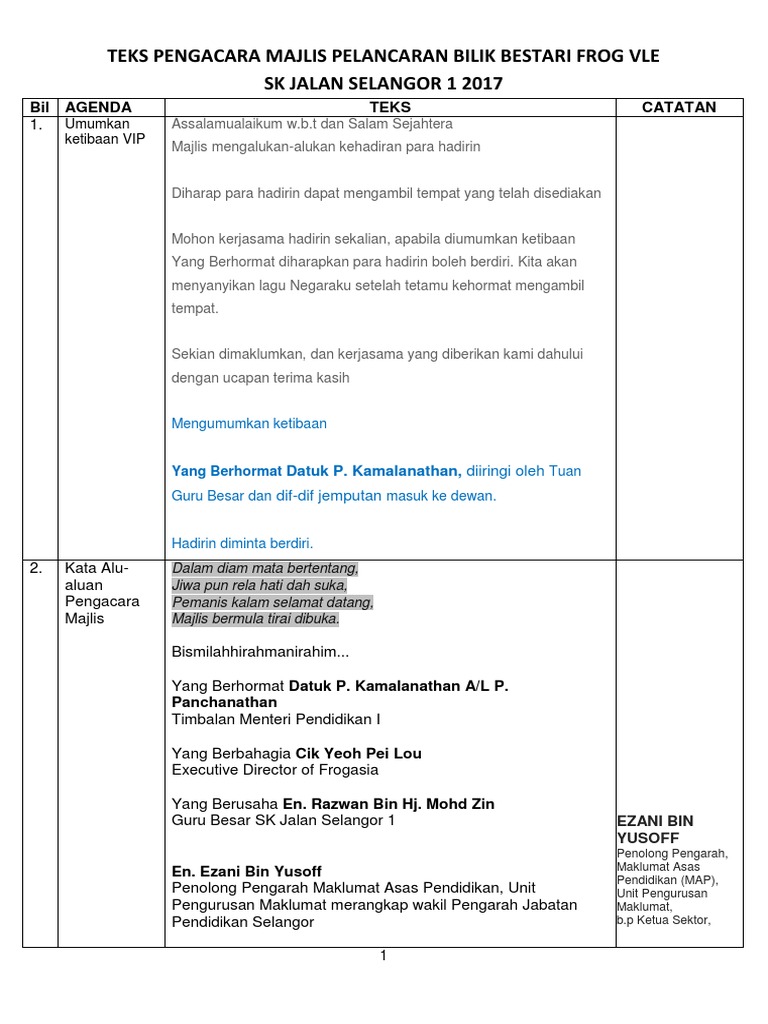 Teks Pengacara Majlis Pelancaran Bilik Bestari Frog Vle 2017 | PDF