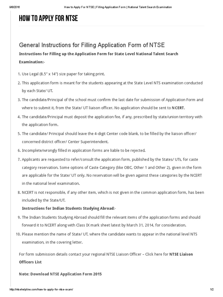 How To Apply For NTSE - Filling Application Form - National Talent ...