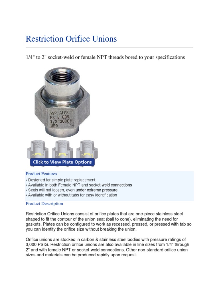 Restriction Orifice Unions | Mechanical Engineering | Manufactured Goods
