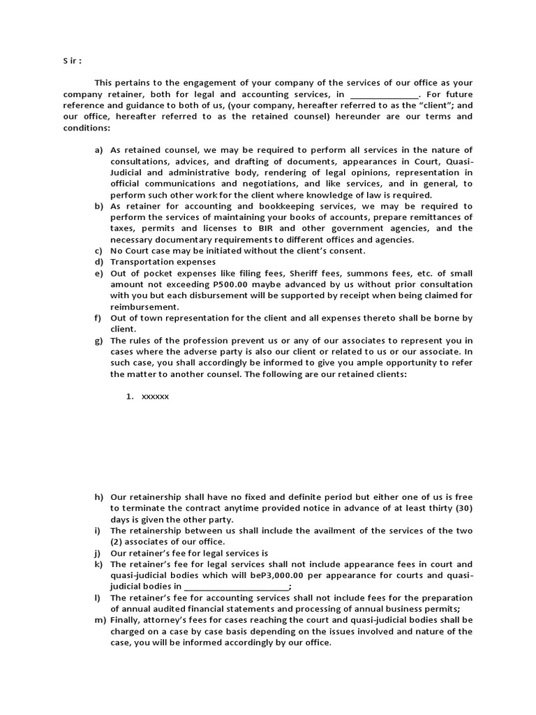 Sample Retainer's Contract | Fee | License