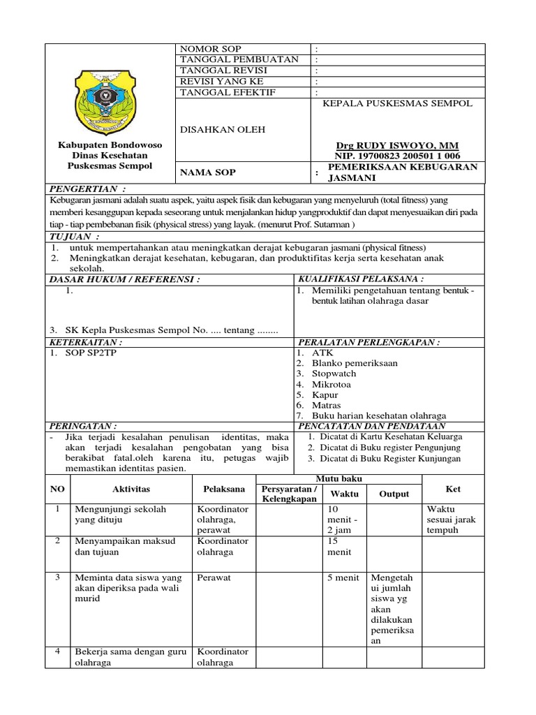 SOP Pemeriksaan Kebugaran Jasmani | PDF