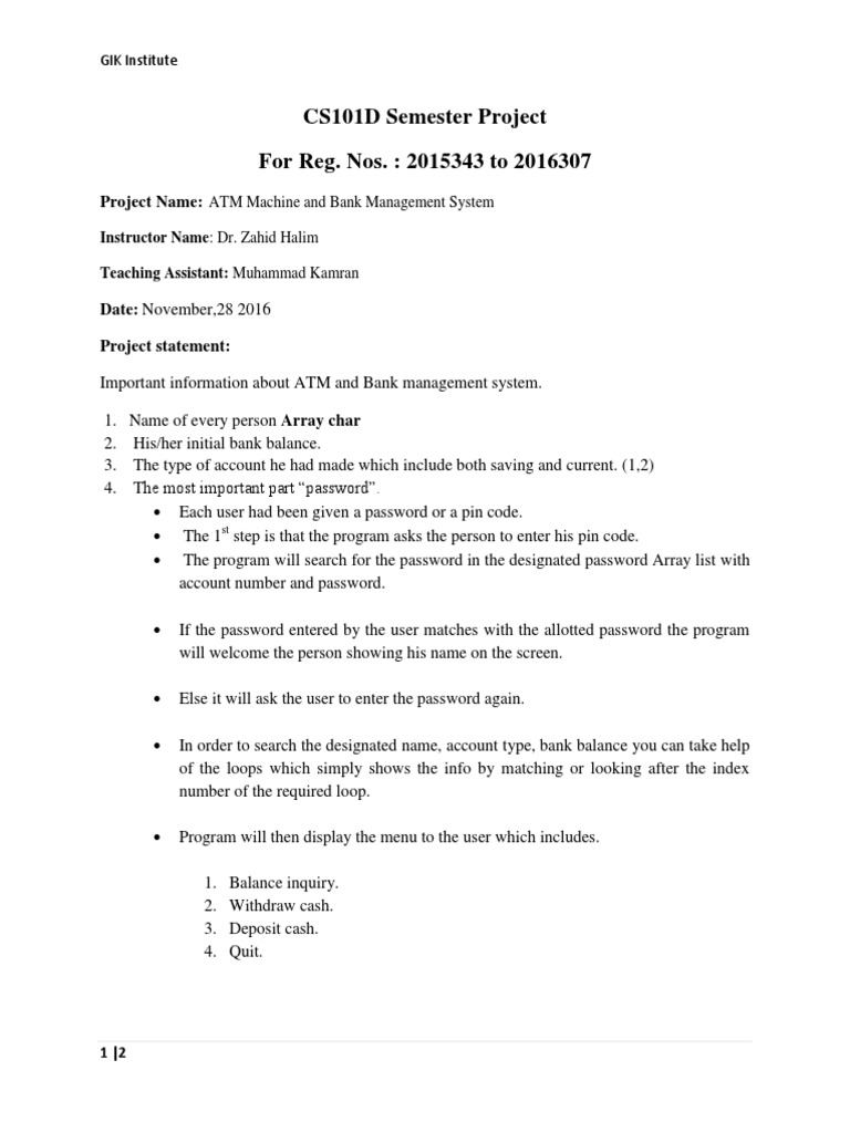 Simulation of an ATM Machine and Bank Management System for Student Project | PDF | Personal ...