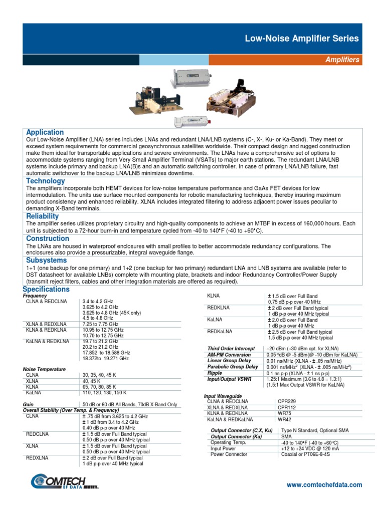 Comtech/EFData Low Noise Amplifier (LNA) Data Sheet | PDF | Amplifier | Decibel