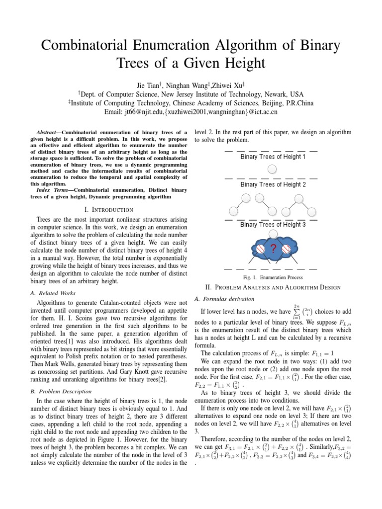 Combinatorial Enumeration Algorithm of Binary Trees of A Given Height | PDF | Computational ...