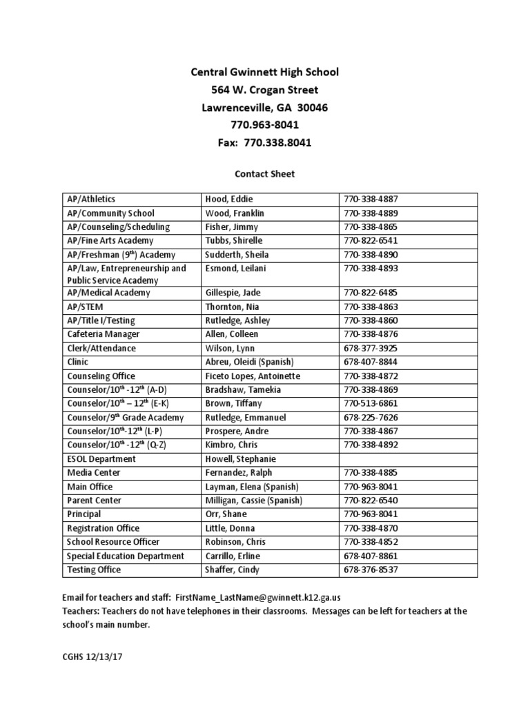 Cghs Contact Numbers 1617 | PDF | Schools